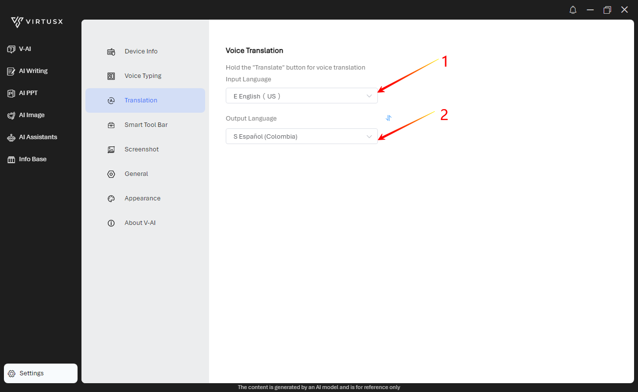 Voice Typing & Translation – Virtusx V-AI Manual
